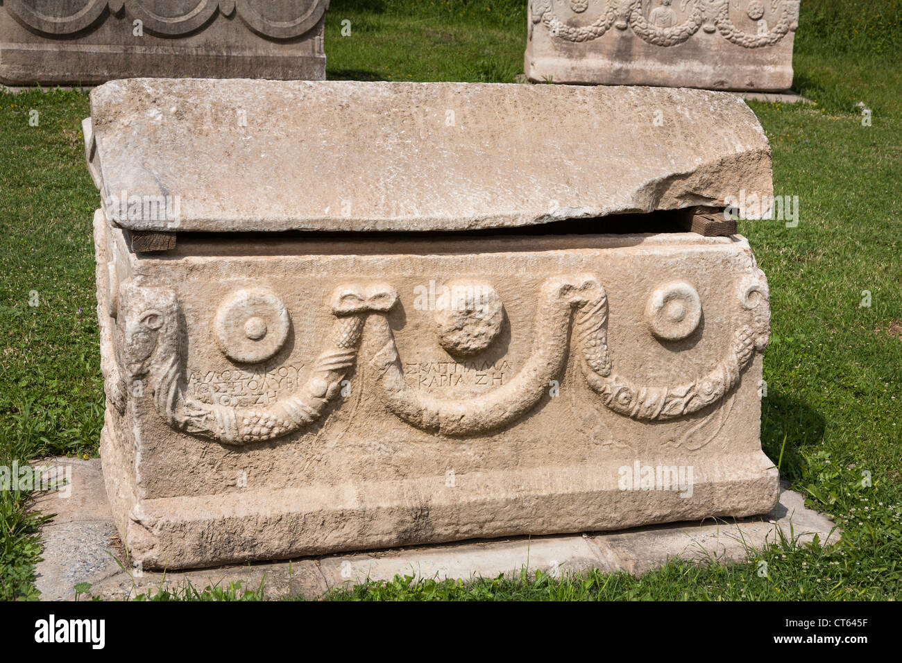 Carved stone sarcophagus exhibit, Ephesus, Turkey Stock Photo - Alamy
