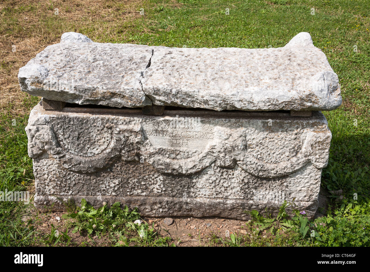 Carved stone sarcophagus exhibit, Ephesus, Turkey Stock Photo - Alamy