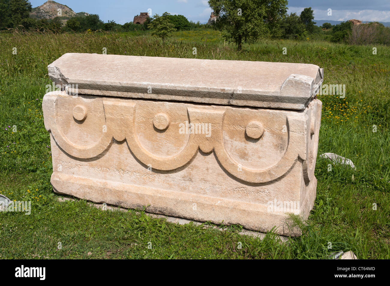 Carved stone sarcophagus exhibit, Ephesus, Turkey Stock Photo - Alamy