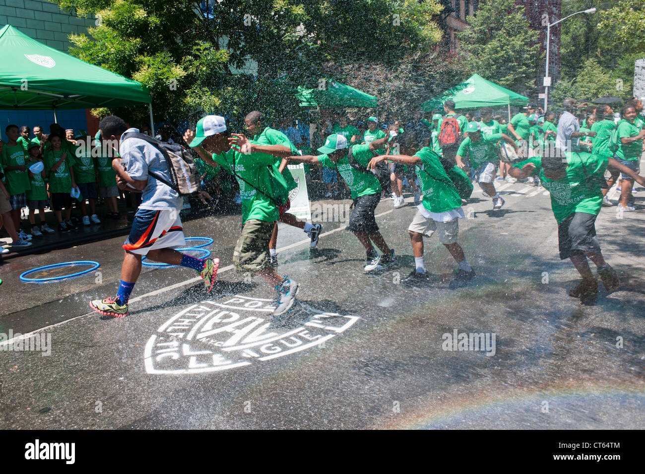 Youngsters cool off with water sprayed from a properly capped fire ...