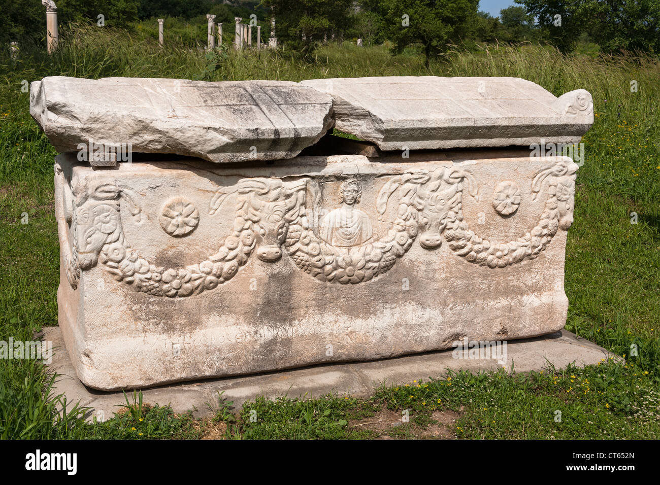 Carved stone sarcophagus exhibit, Ephesus, Turkey Stock Photo - Alamy