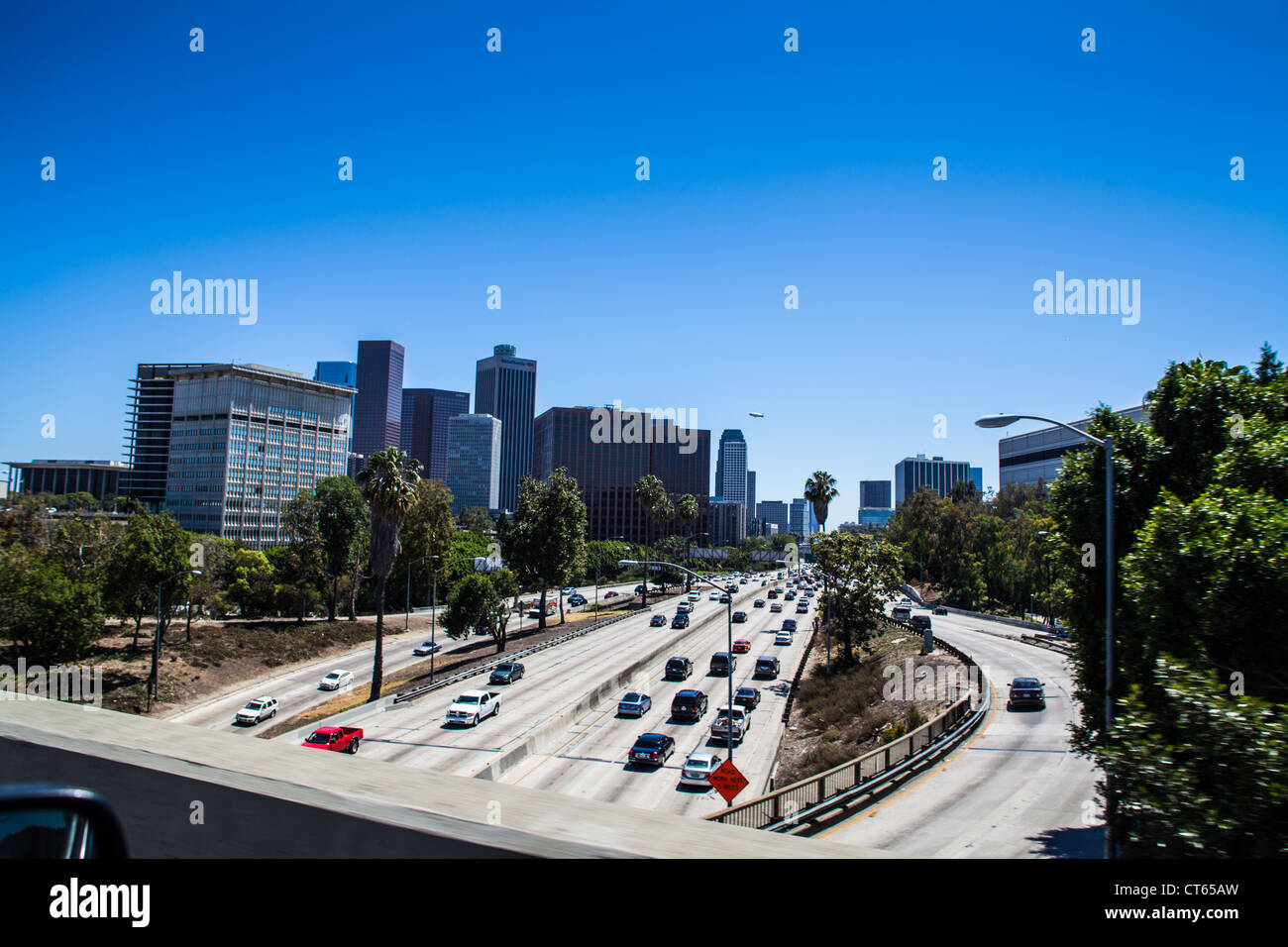 A view of downtown Los Angeles and the 110 freeway on a busy Saturday ...