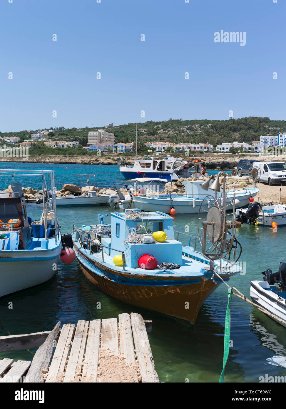 dh Nissia Bay PROTARAS CYPRUS Cypriot fishing boats moored pier Stock ...