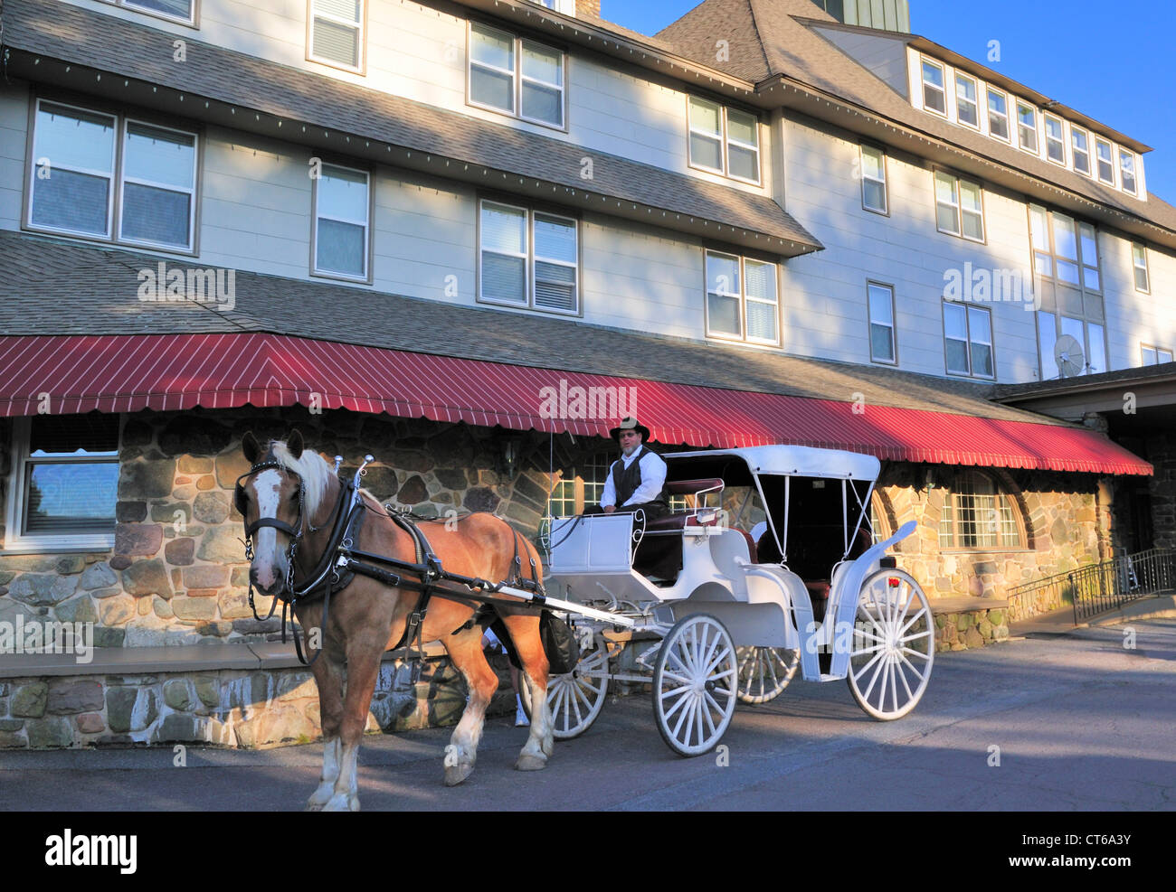 A one-horse carriage awaits passengers in front of the Inn at Pocono ...
