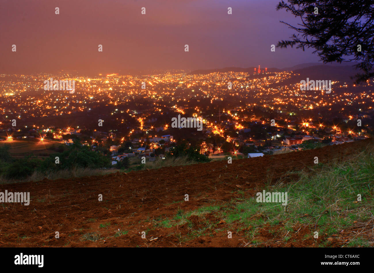 Evening lights of Oaxaca, Oaxaca from panoramic mountainside view Stock ...