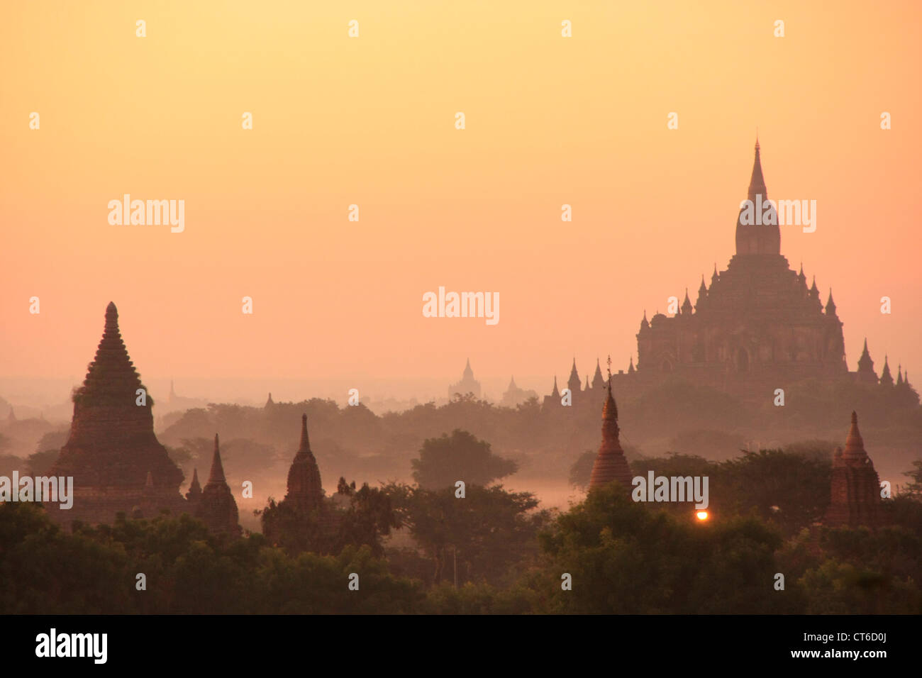 Plains of Bagan at sunrise, Bagan Archaeological Zone, Mandalay region ...