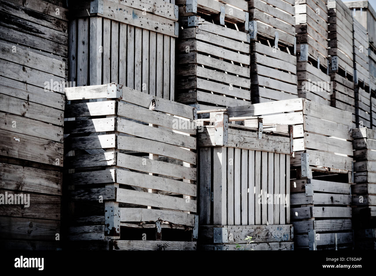 Grunge Crates stack. weathered wooden boxes in tall rows. horizontal ...