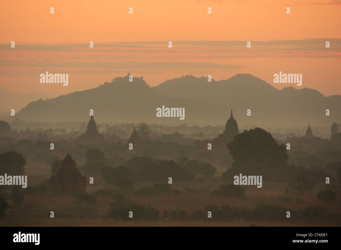 Plains of Bagan in morning mist, Bagan Archaeological Zone, Mandalay ...