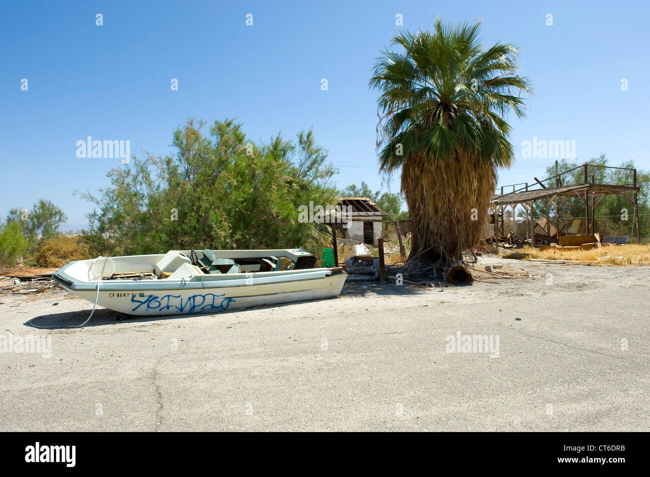 Grounded speed boat Salton Sea Beach, located on the Eastern shore of ...