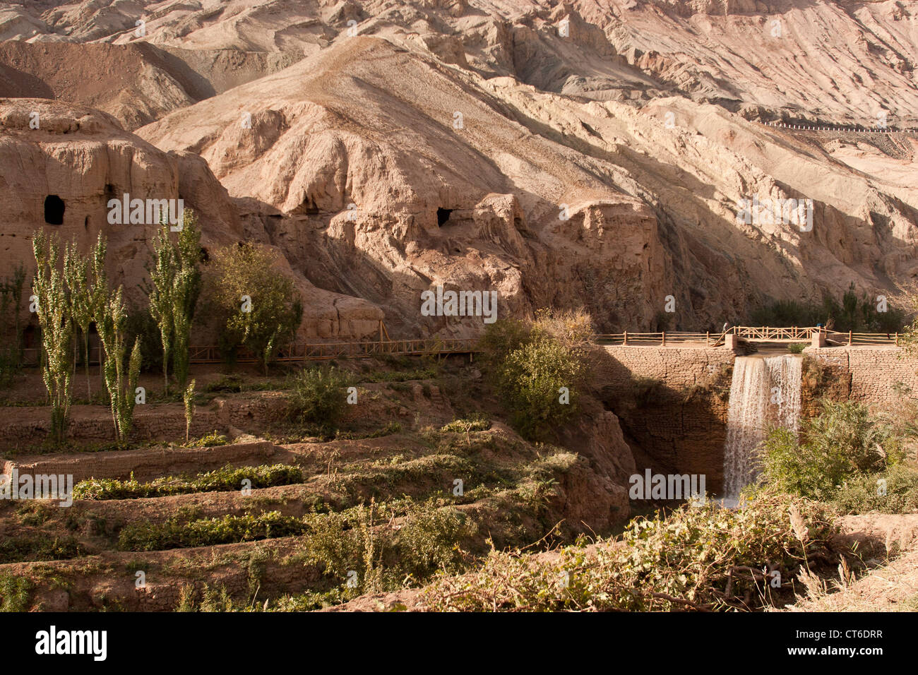 A view over the fertile valley and the grottoes of Maza village near ...