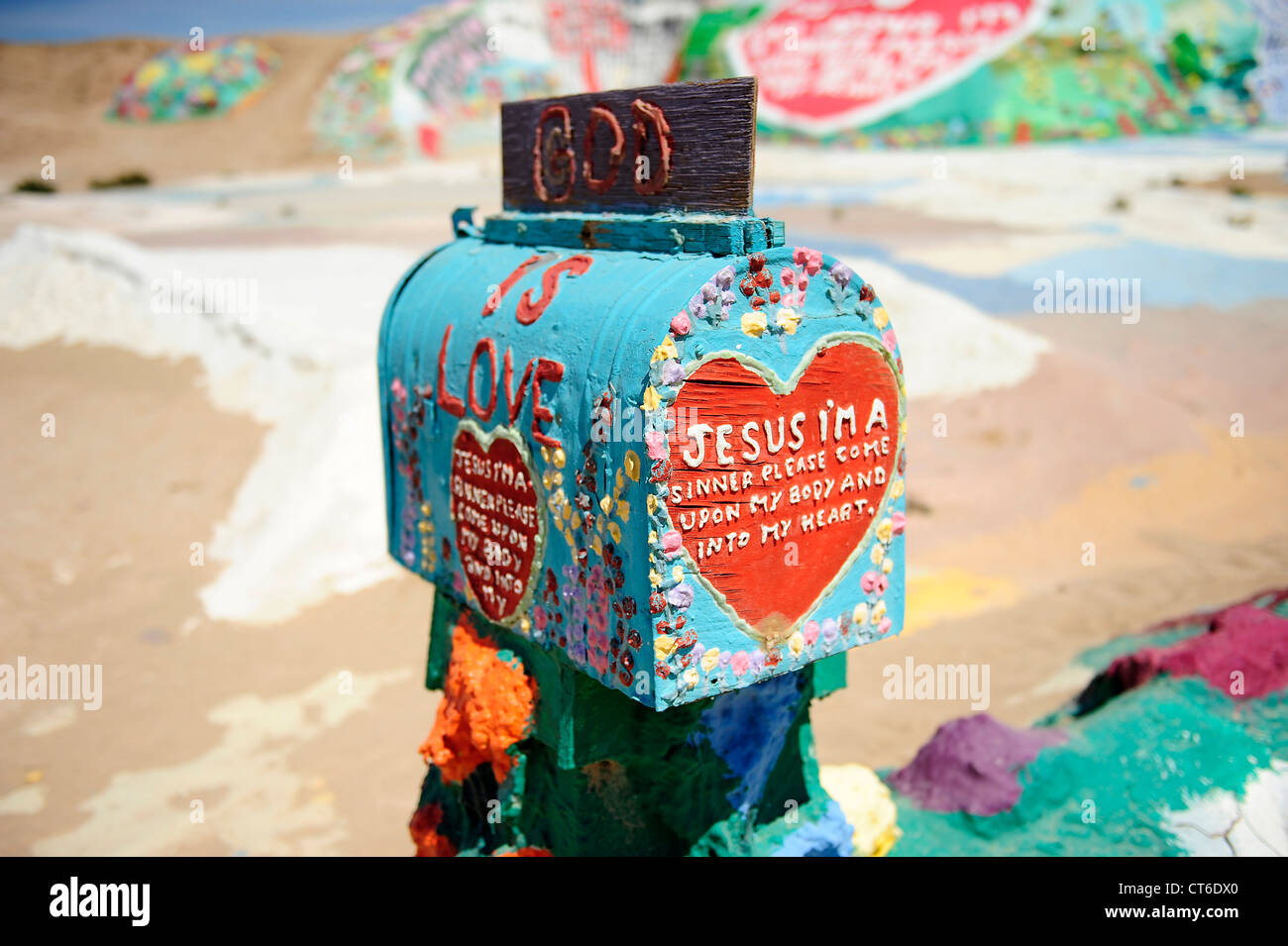 Painted mail box with religious slogans on the site of Salvation Mount ...