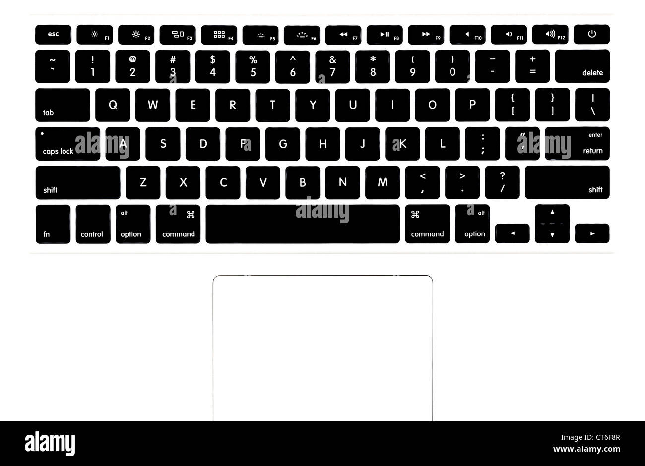 View of the modern laptop keyboard from above. English letters and ...