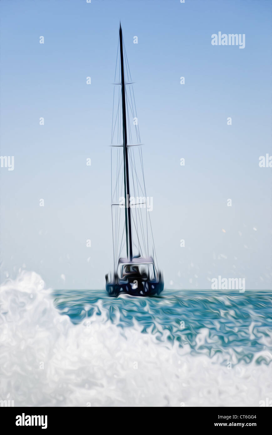 yacht drifting in the sea with sails down. Splash of water wave in ...