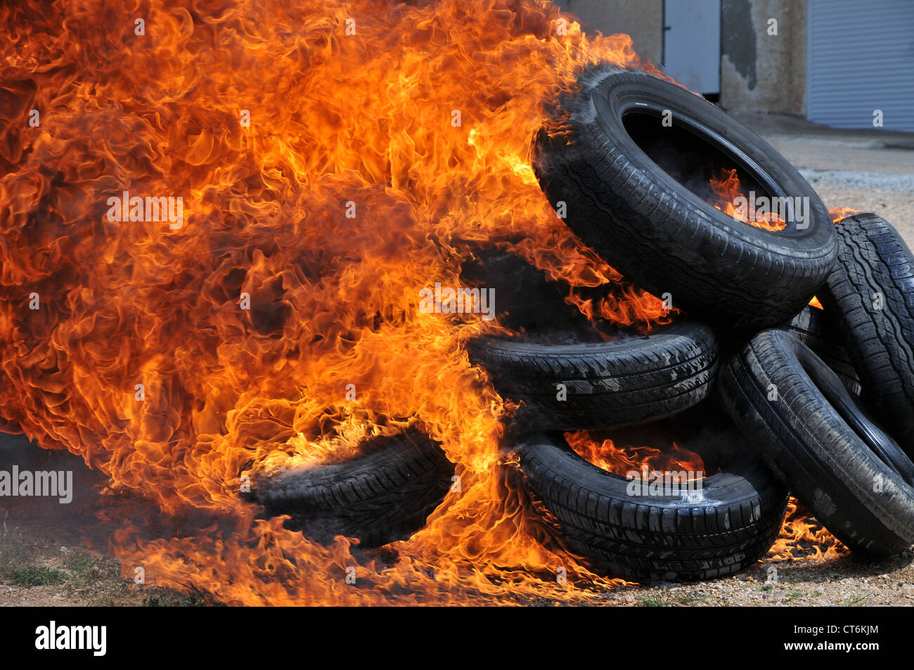 Burning tyres. Tyres are burnt as part of a demonstration to block ...
