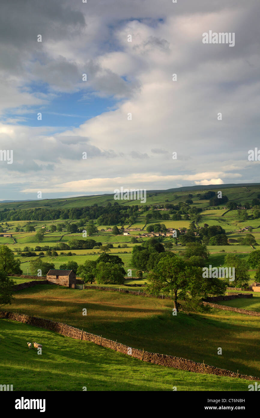 Summer over Bainbridge pastures; Bainbridge village, Wensleydale ...