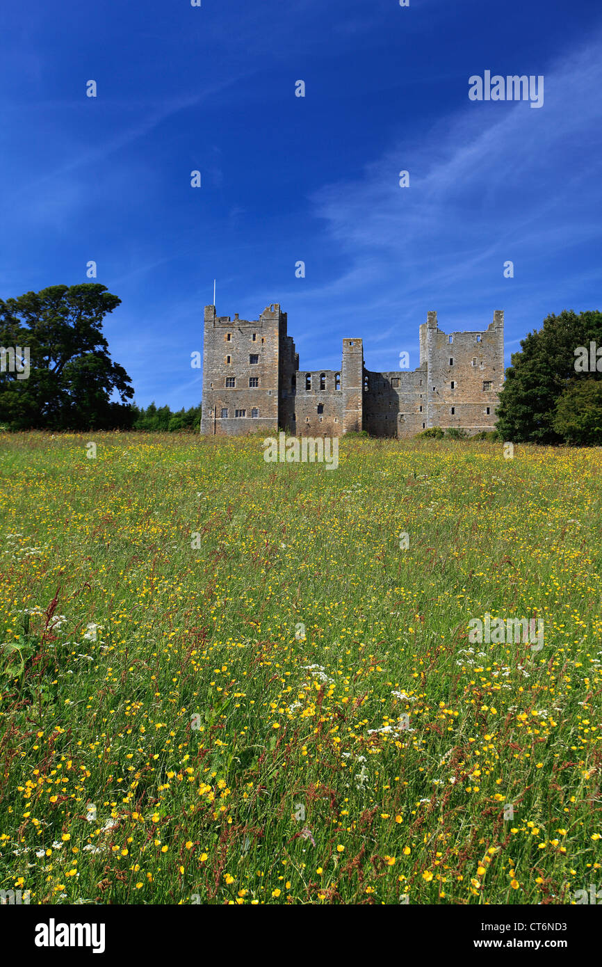 View over flower meadow, Castle Bolton Castle; Wensleydale; Yorkshire ...