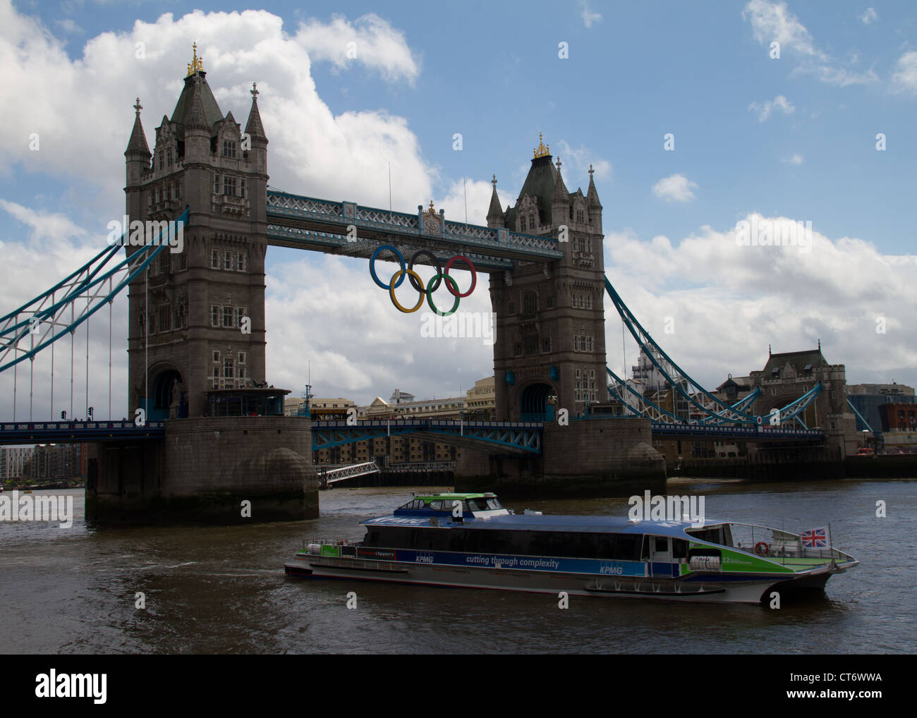 Thames Clipper infront of Tower Bridge displaying Olympic Rings Stock ...