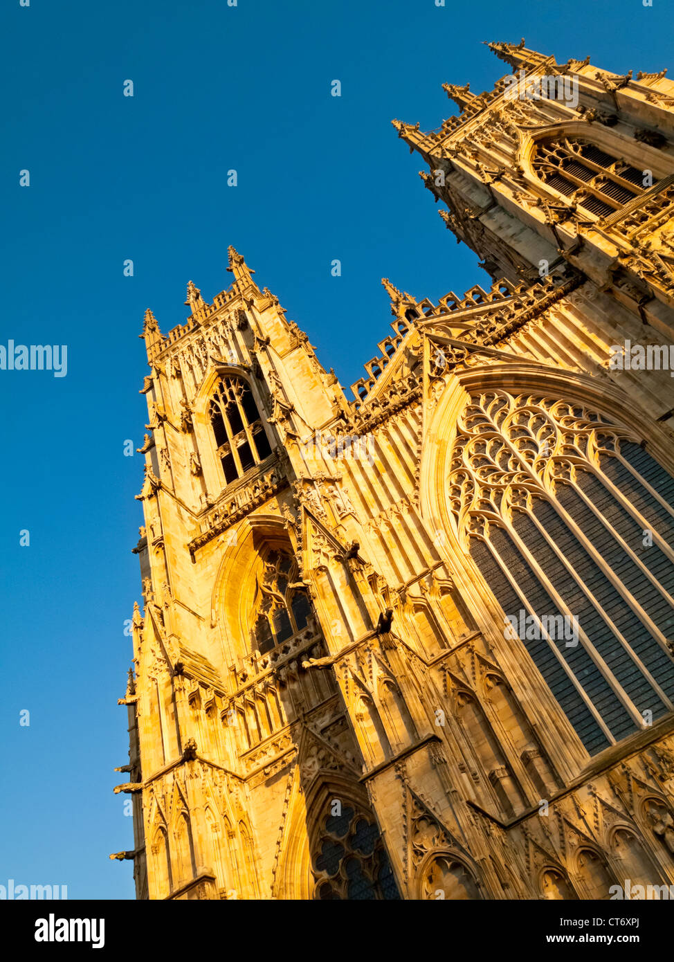 View looking up towards the towers on the western front of York Minster ...