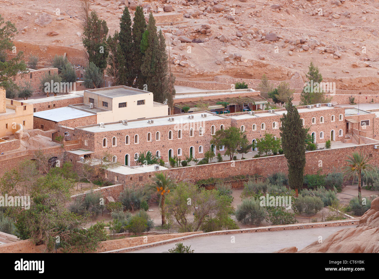 The gardens of Saint Catherine monastery with the monastery guesthouse ...