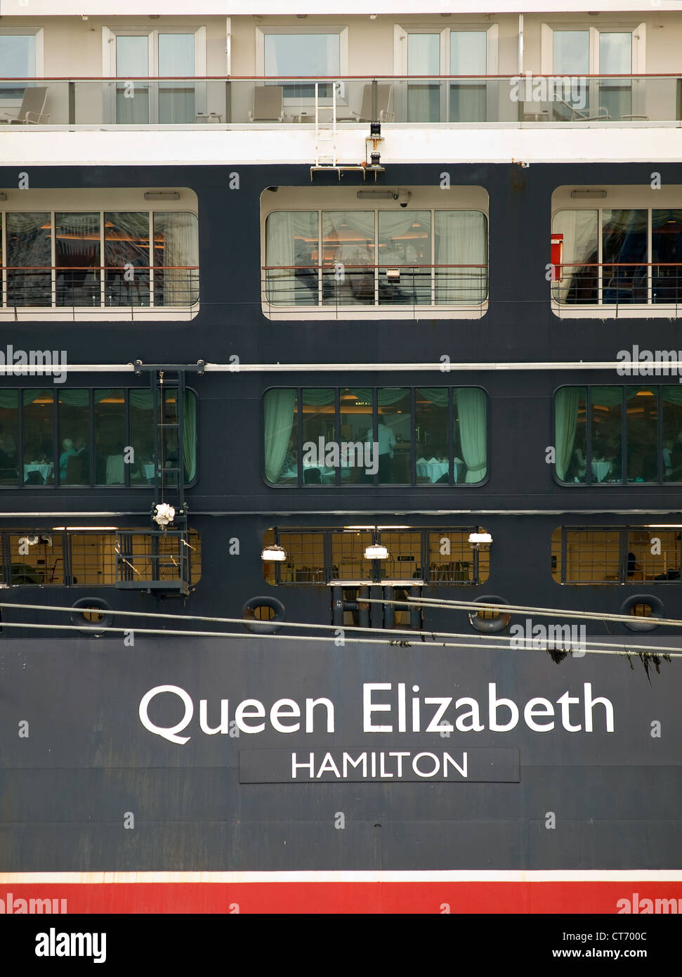 Stern of Cunard's cruise ship Queen Elizabeth berthed in Southampton ...