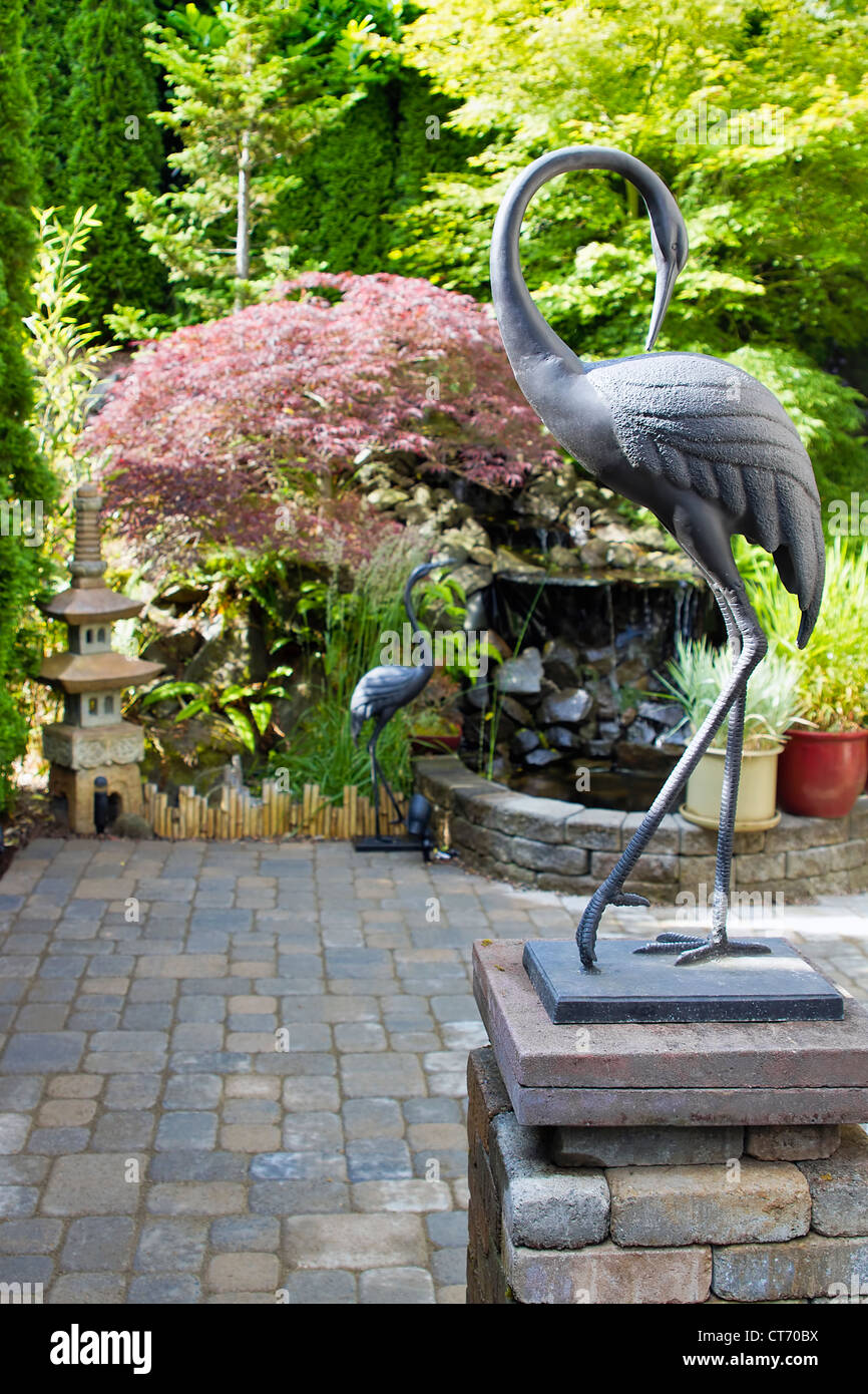 Bronze Cranes Sculpture in Japanese Inspired Zen Garden with Pagoda and ...