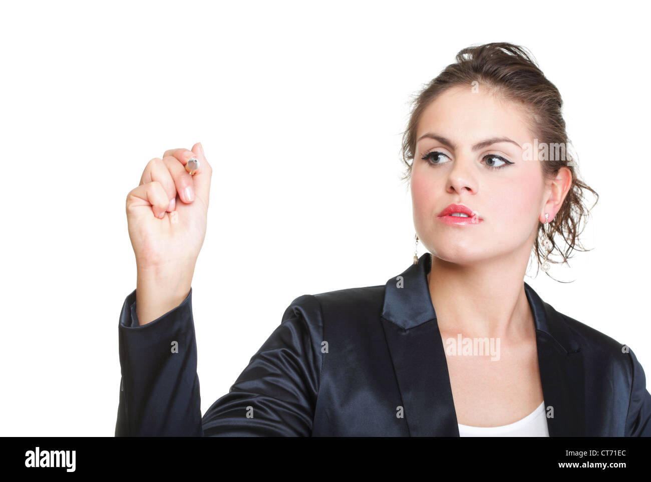 Business woman drawing something on screen with a pen - isolated over a ...