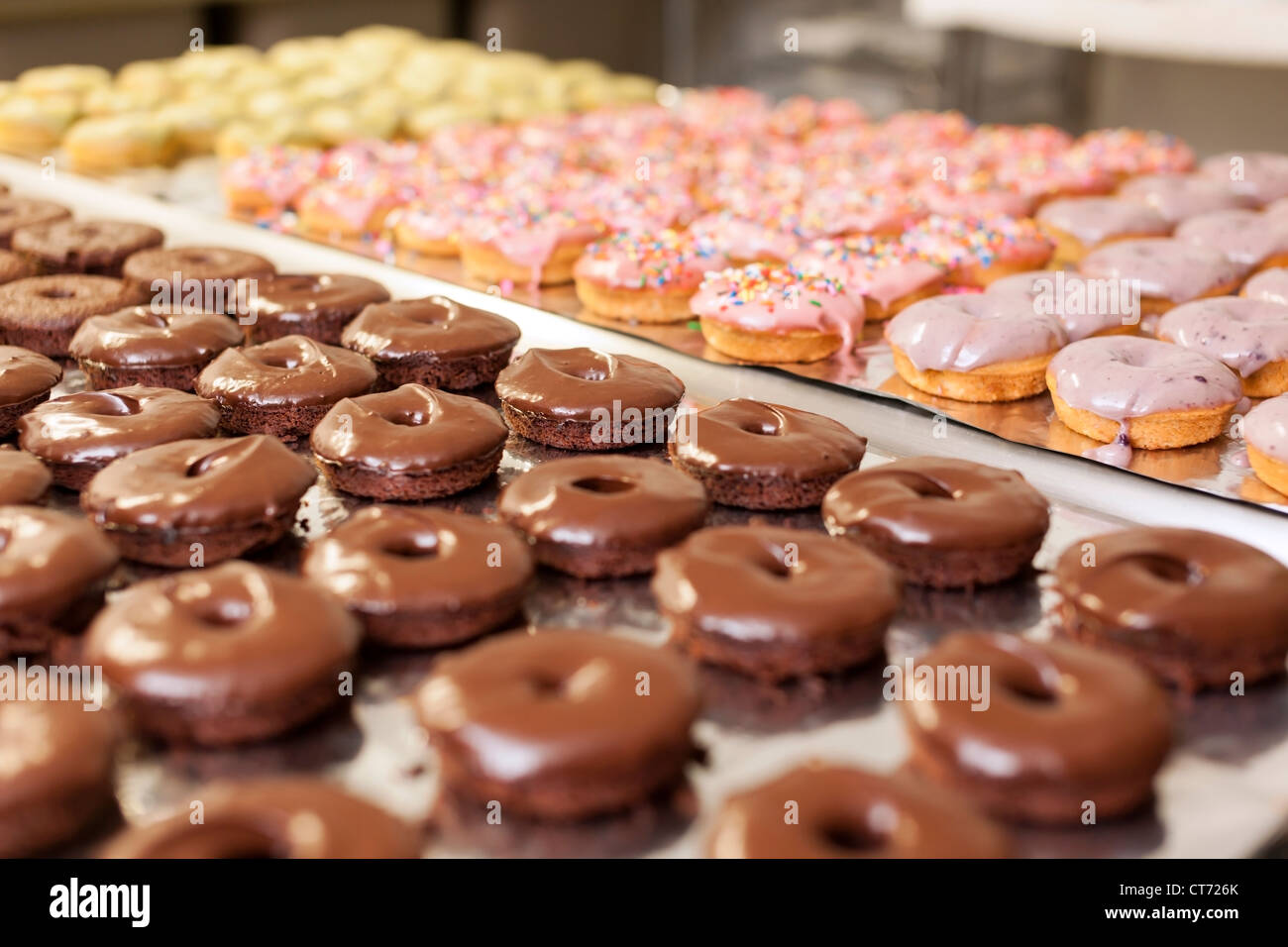 Various donut types arrayed on tables, waiting for the glaze to dry at ...