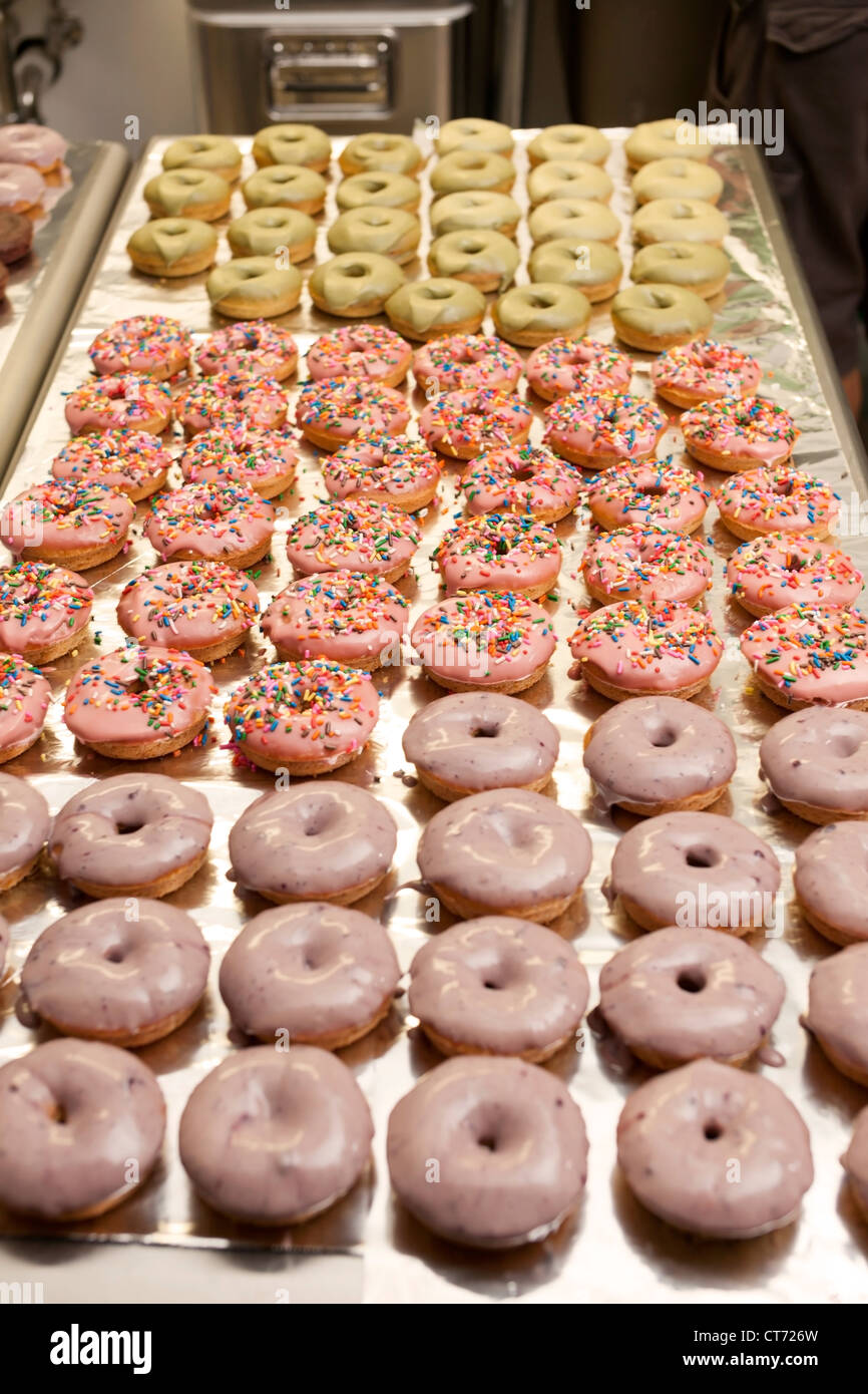 Various donut types arrayed on tables, waiting for the glaze to dry at ...