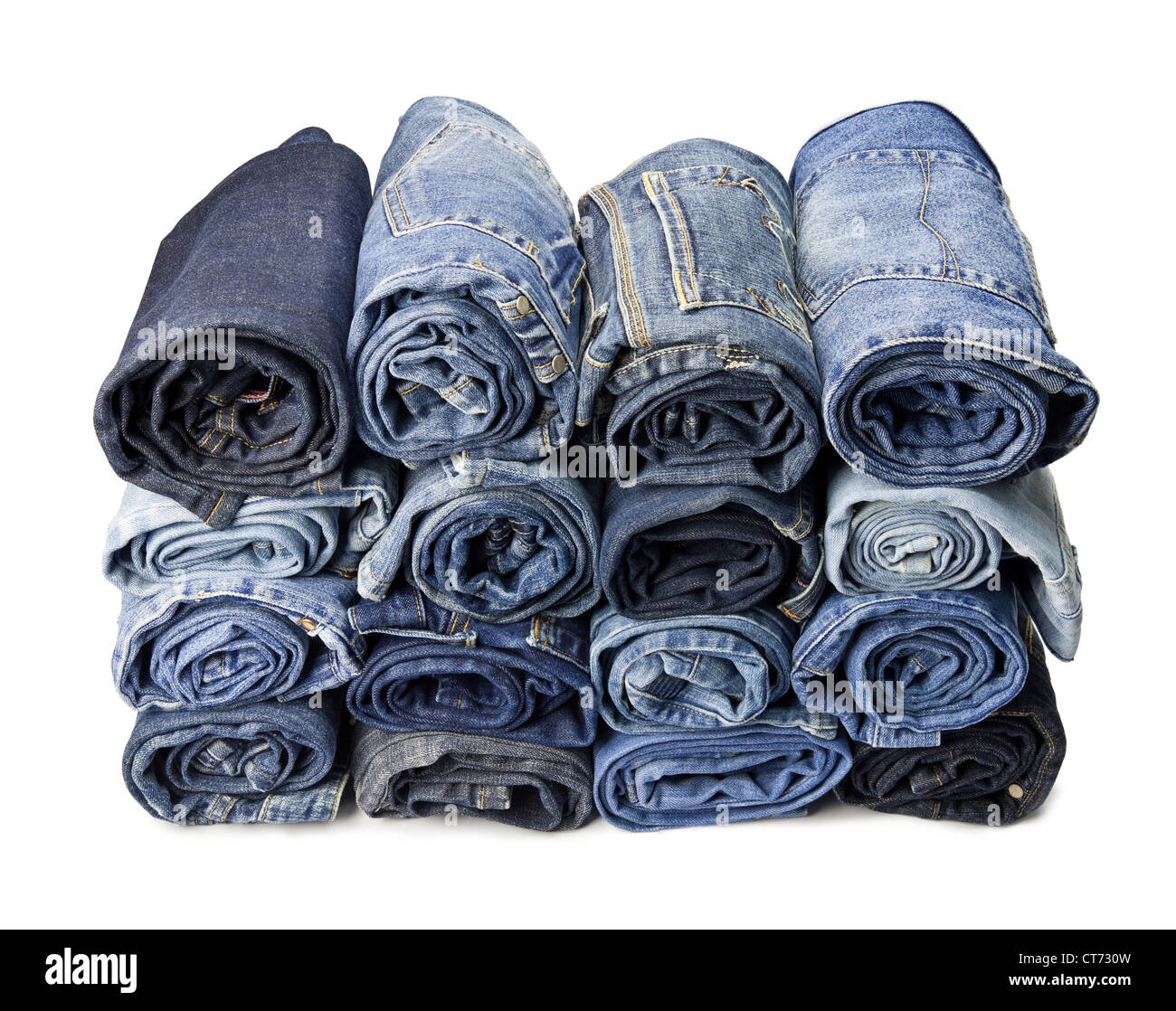 Jeans trousers stack on white background Stock Photo - Alamy