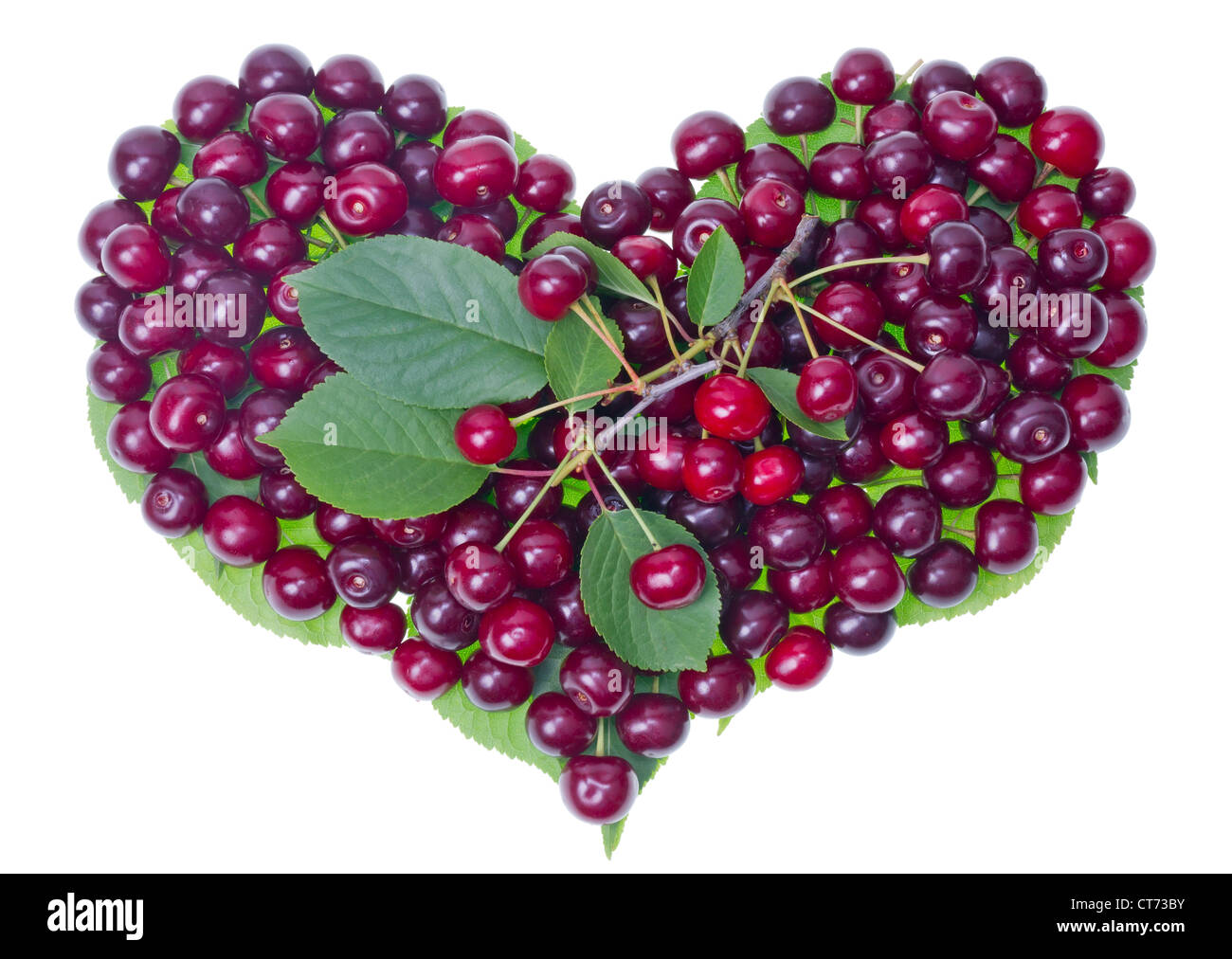 Heart made from ripe cherries fruits and leaves isolated Stock Photo ...