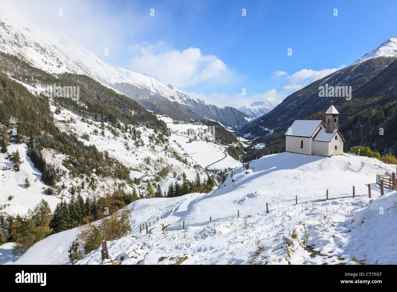 Groder Hof Chapel on the hill in mountain landscape at Virgental ...