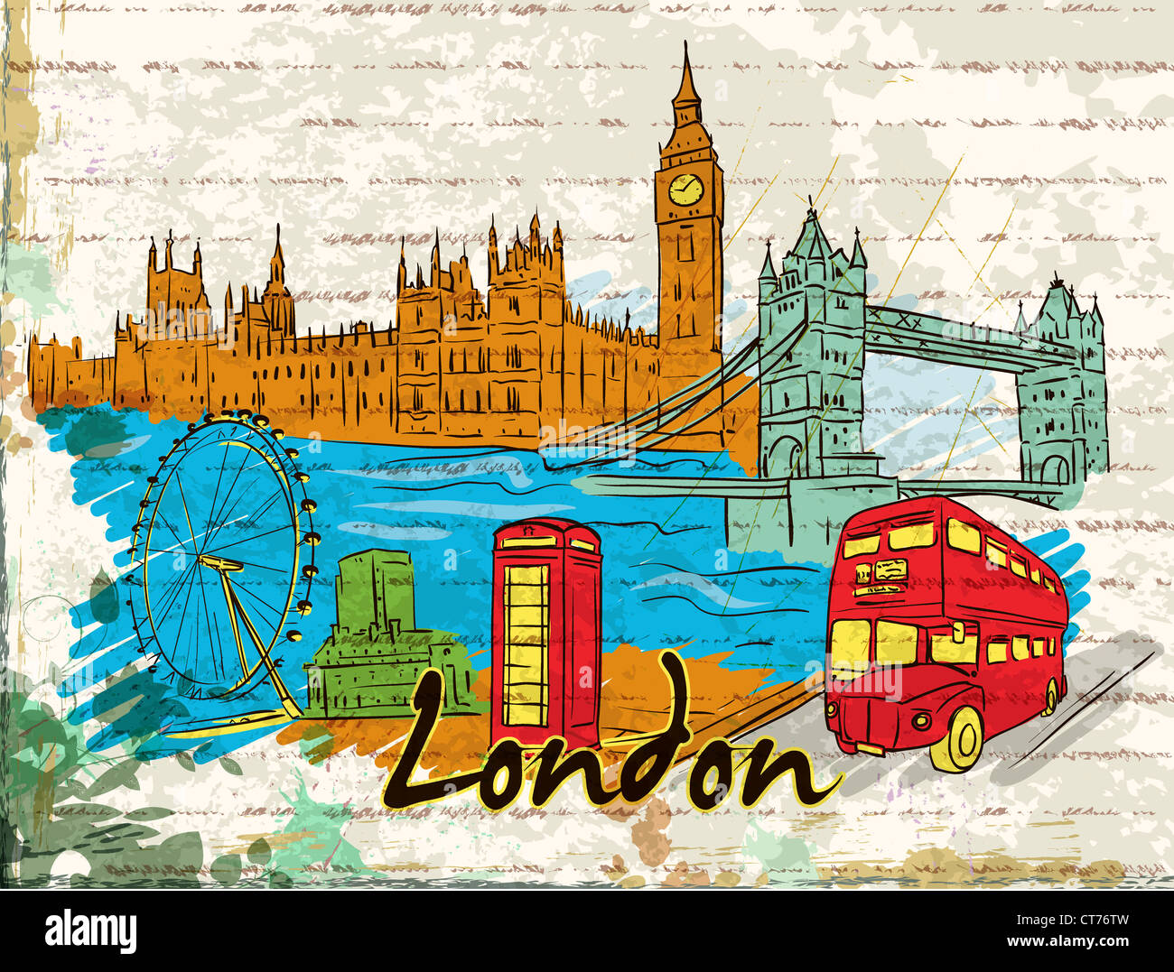 london doodles with grunge background vector illustration Stock Photo ...