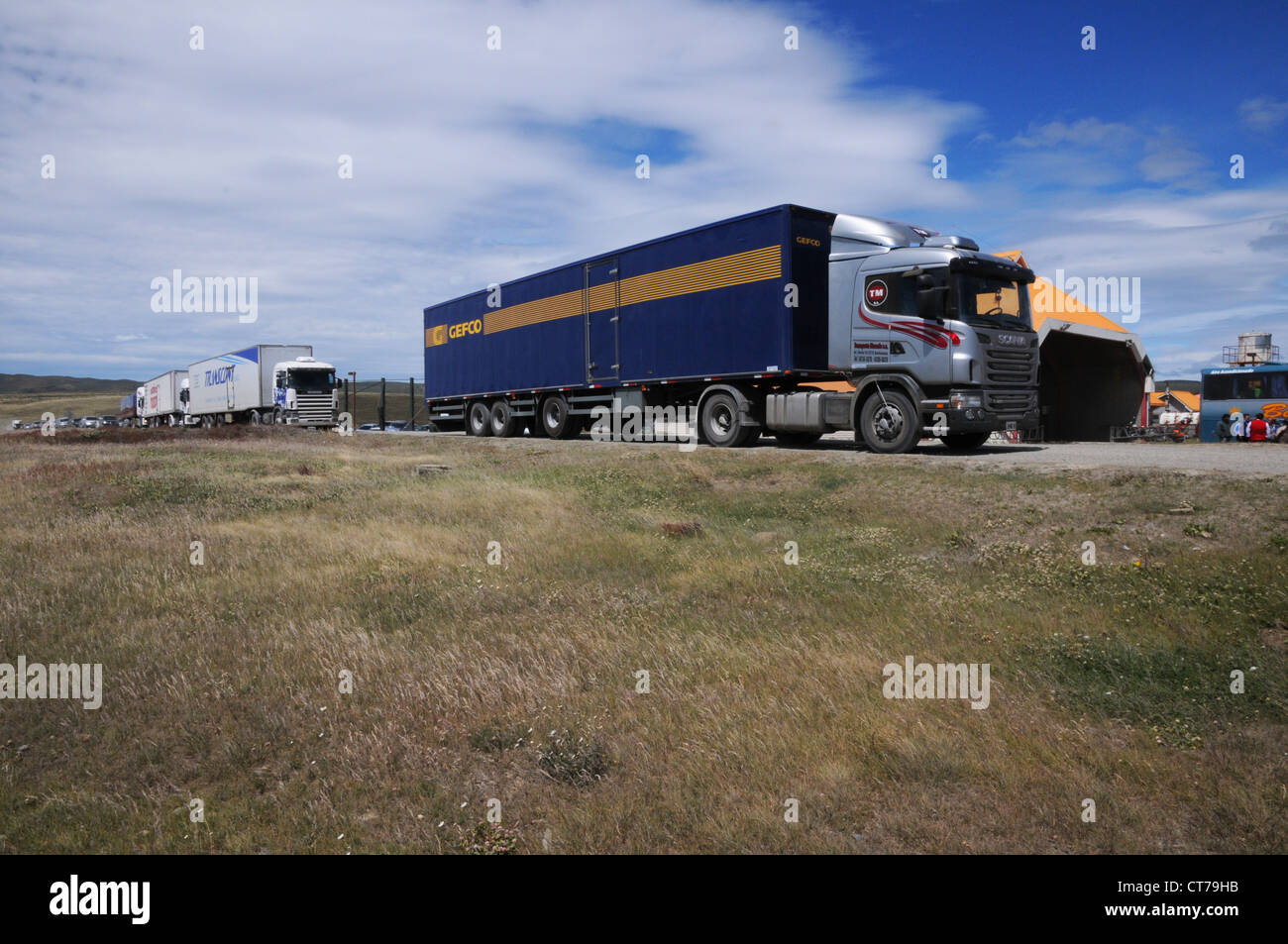 Lorries, cars, trucks queue at Argentina/Chile border post, Patagonia ...