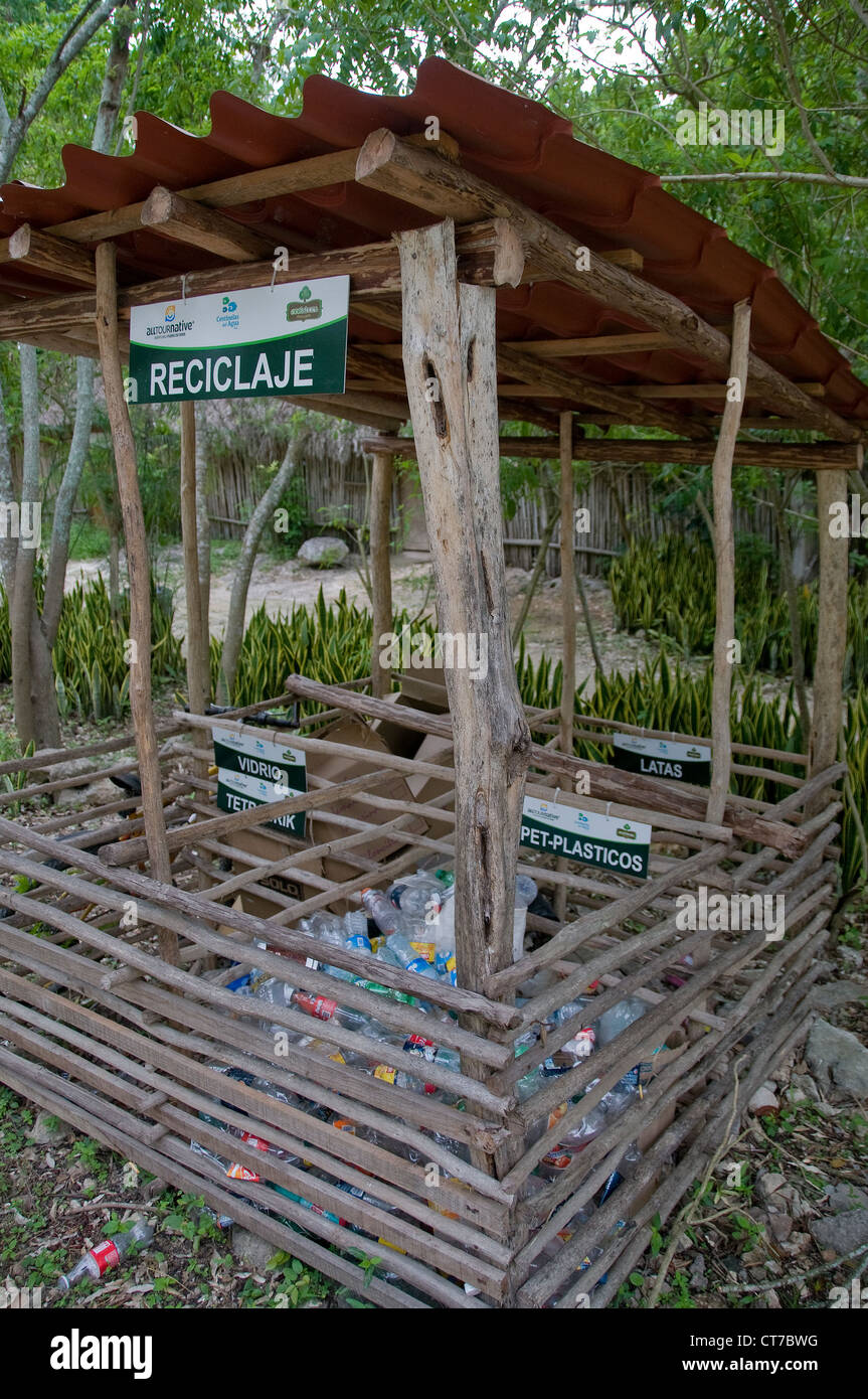 A recycle bin is set up by the Maya community outside a Yucatan village ...