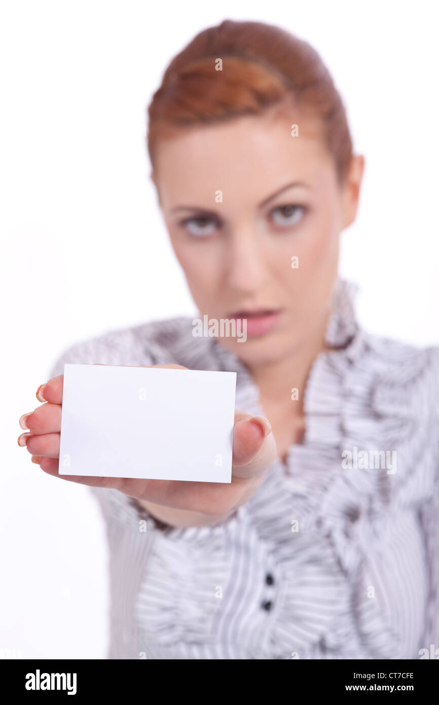 beautiful young girl is holding a blank card in hand isolated Stock ...