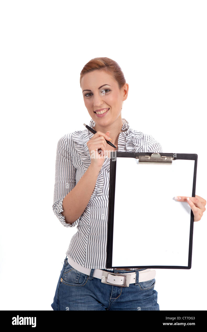 young business woman with clipboard isolated on white Stock Photo - Alamy
