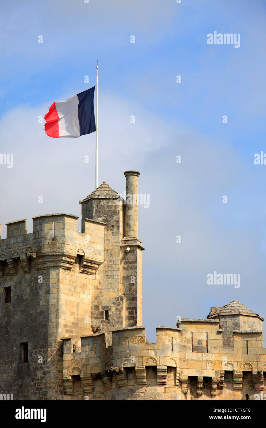 France, Poitou-Charentes, La Rochelle, Tour St-Nicolas, French flag ...