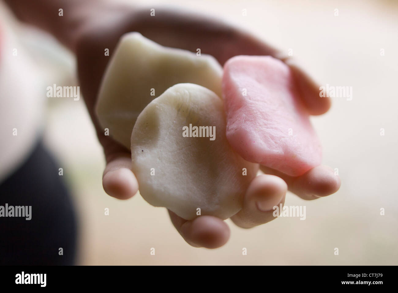 A girl holds a Japanese mochi rice cake at a traditional Japanese ...