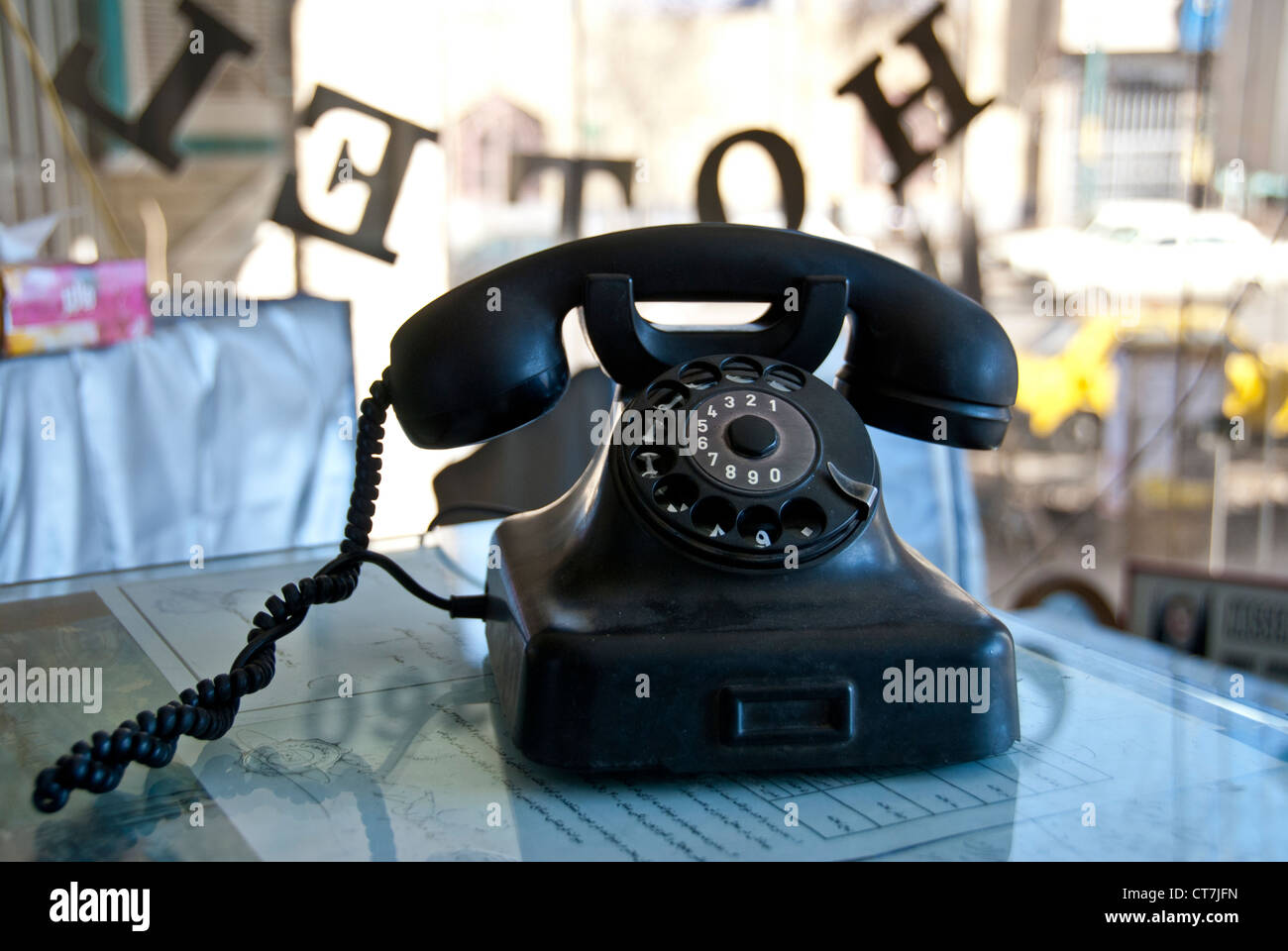 Old fashion black Bakelite telephone in a hotel reception, Tabriz, Iran ...