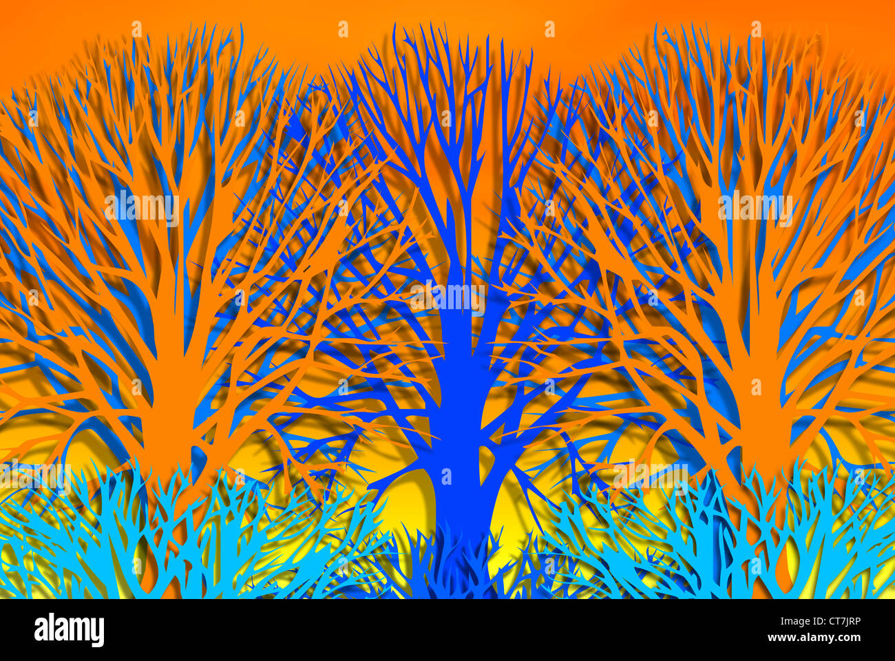 Illustration of five multi-colored stylized trees over an orange ...
