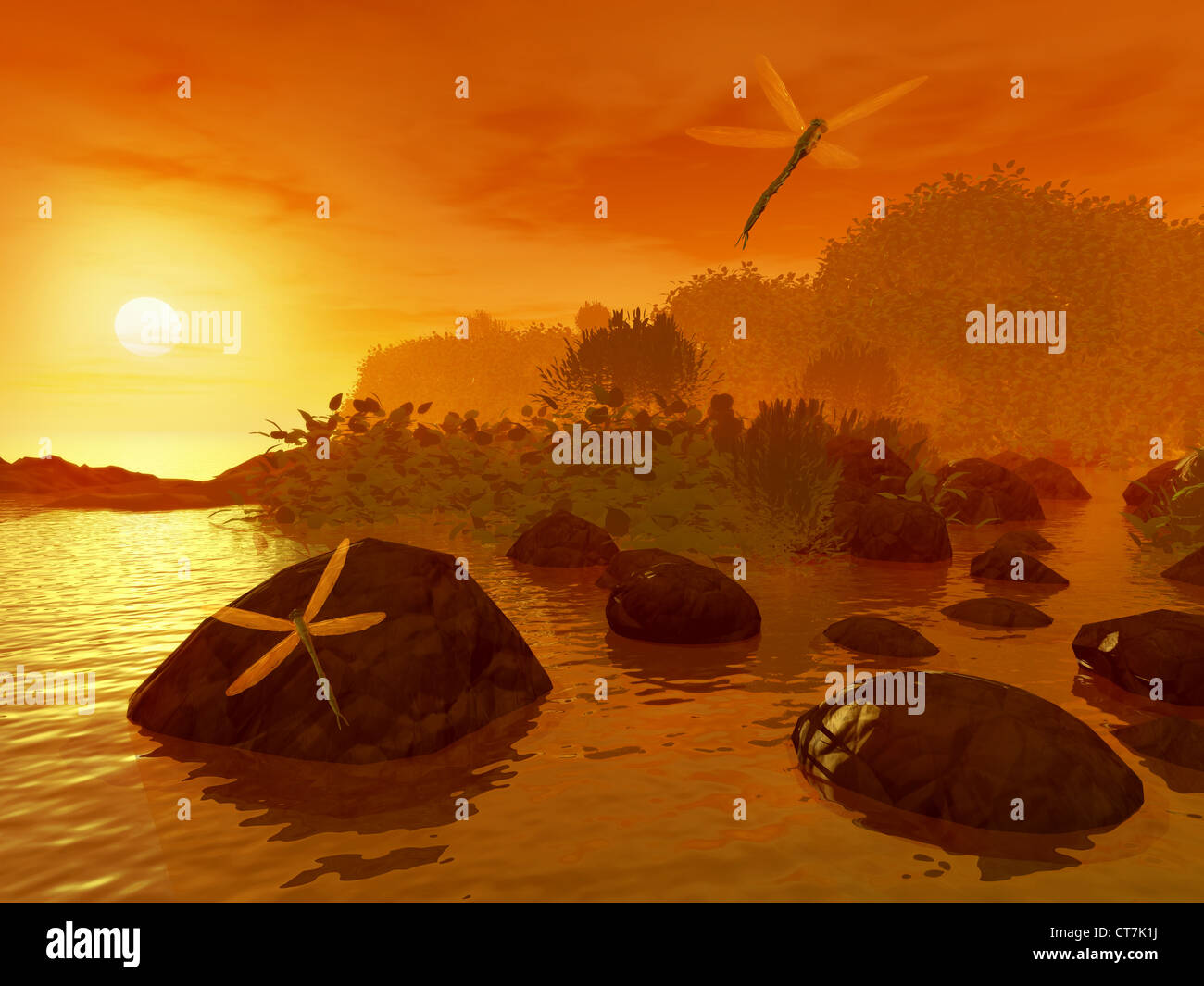 Illustration of two dragonflies over a golden pound Stock Photo - Alamy