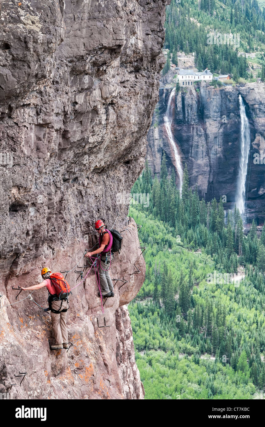 Climbers tackle the Via Ferrata trail, Telluride, Colorado Stock Photo ...