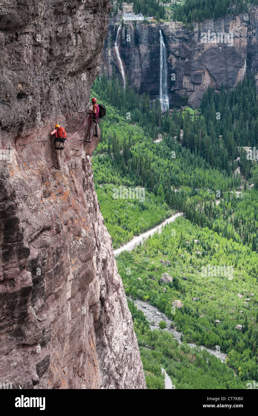 Climbers tackle the Via Ferrata trail, Telluride, Colorado Stock Photo ...