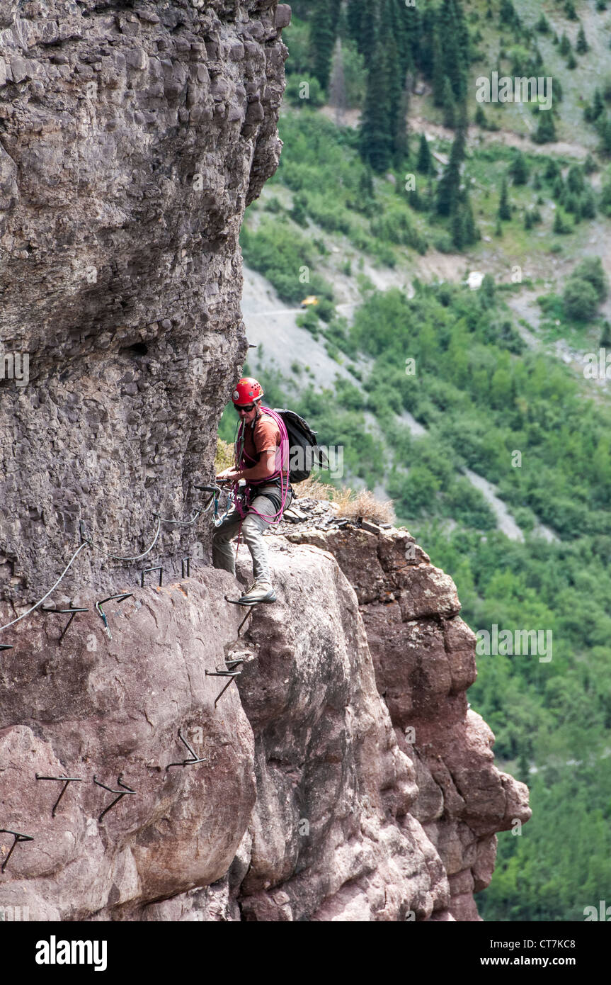 Climber tackles the Via Ferrata trail, Telluride, Colorado Stock Photo ...