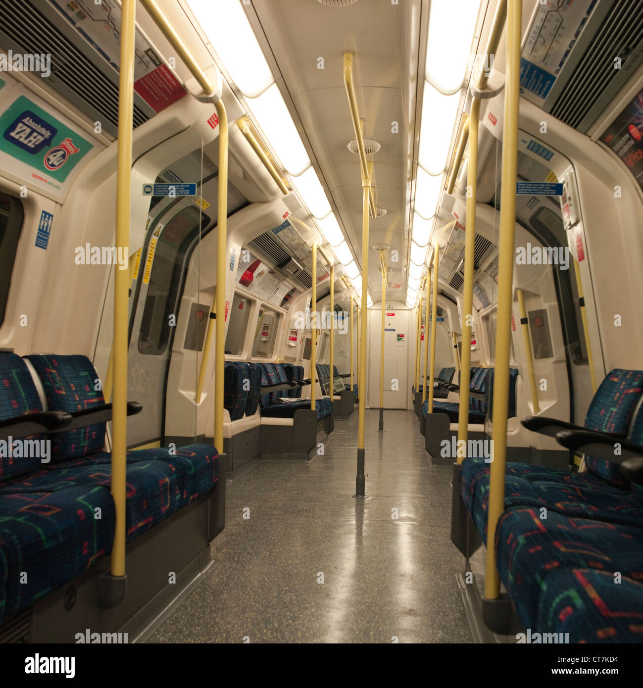Inside an empty London Underground carriage after the morning rush hour ...