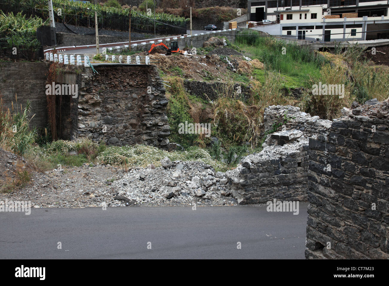 demolished raod and landscape at Tabua after heavy rainfall at Madeira ...