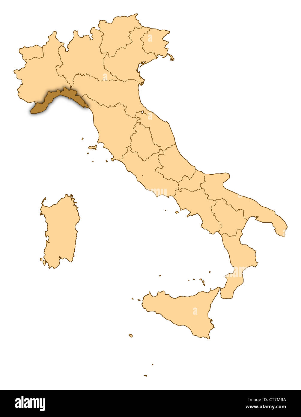 Map of Italy where Liguria is highlighted Stock Photo - Alamy