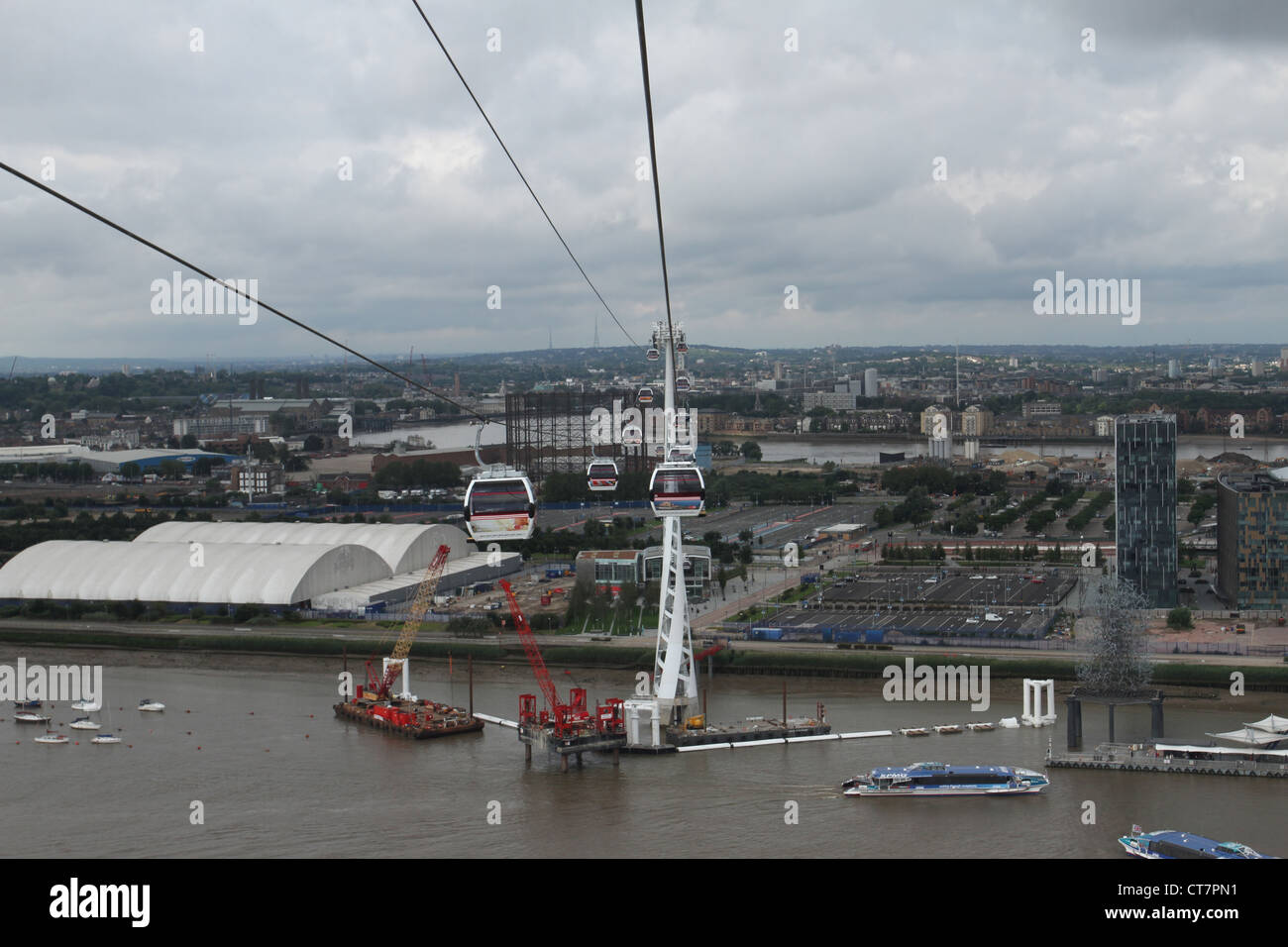 view from Emirates Air line cable car towards Greenwich Peninsula ...