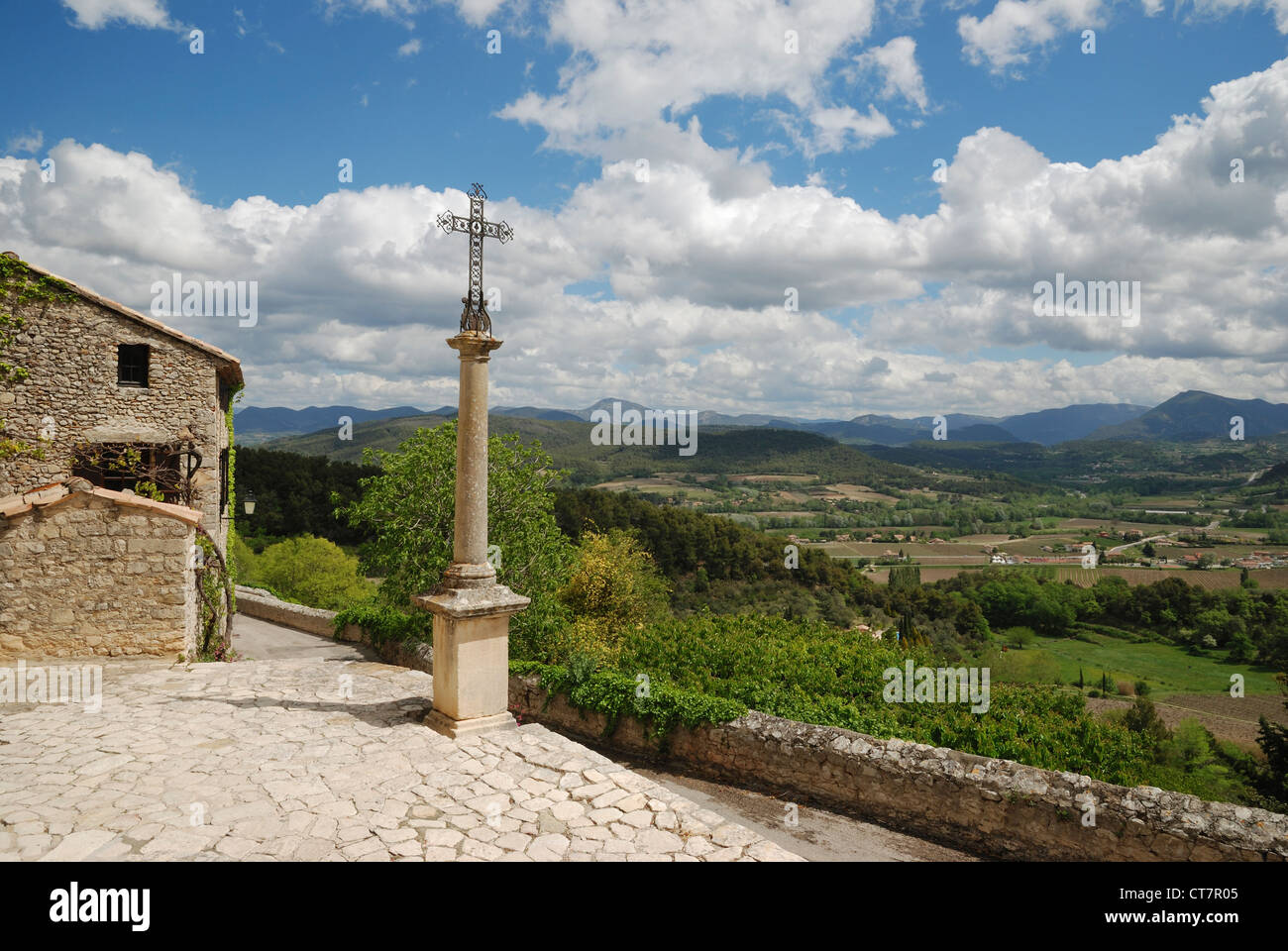 The panoramic view from the hilltop village of Crestet, Vaucluse ...