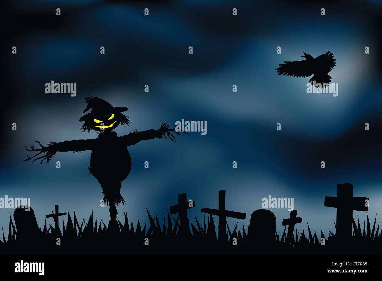 halloween background with evil scarecrow in graveyard Stock Photo - Alamy
